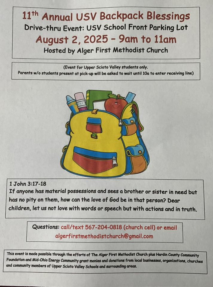 Alger First Methodist to Host 11th Annual USV Backpack Blessings August ...